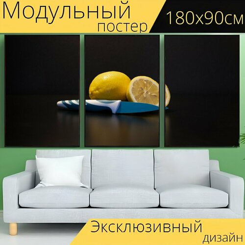 Модульный постер "Лимон, нож, чернить" 180 x 90 см. для интерьера