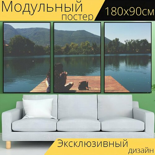 Модульный постер "Древесина, док, озеро" 180 x 90 см. для интерьера