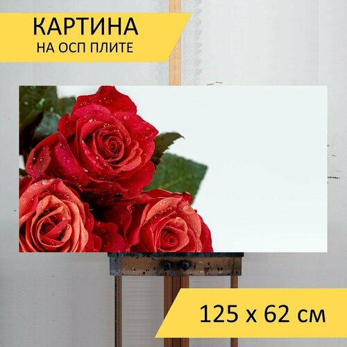 Картина на ОСП 125х62 см. "Розы, красный, цветок" горизонтальная, для интерьера, с креплениями