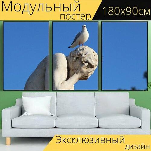 Модульный постер "Каменные статуи, скульптура, чайка" 180 x 90 см. для интерьера