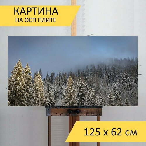 Картина на ОСП 125х62 см. "Зима, туман, природа" горизонтальная, для интерьера, с креплениями