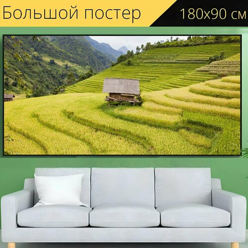Большой постер "Рисовые поля, гора, пейзаж" 180 x 90 см. для интерьера