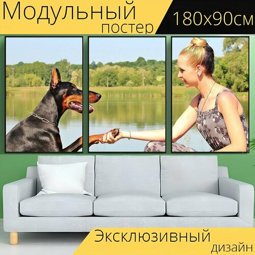 Модульный постер "Женщина, собака, лапа" 180 x 90 см. для интерьера