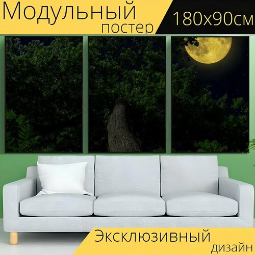 Модульный постер "Природа, лес, дерево луна" 180 x 90 см. для интерьера