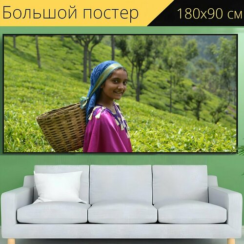 Большой постер "Девочка, корзина, чайная плантация" 180 x 90 см. для интерьера
