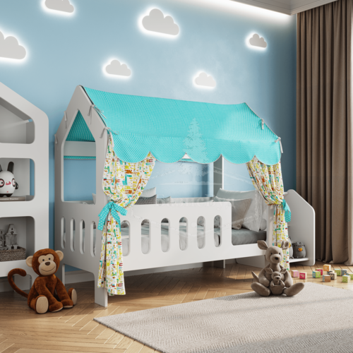 Кровать детская домик с текстилем" (бирюзовый, с жирафиками, вход справа) "Классик"
