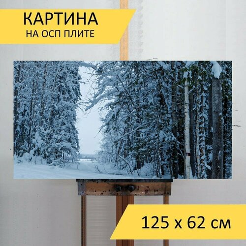 Картина на ОСП 125х62 см. "Зима, зимний лес, одиночество" горизонтальная, для интерьера, с креплениями