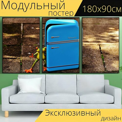 Модульный постер "Лягушка, холодильник, синий" 180 x 90 см. для интерьера