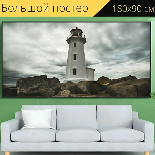 Большой постер "Пейзаж, маяк, морской берег" 180 x 90 см. для интерьера