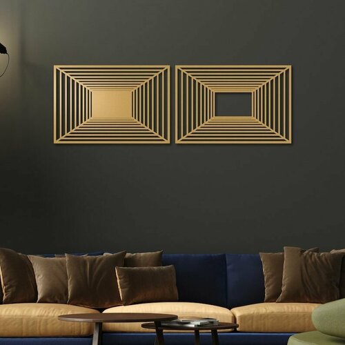 Декоративное панно деревянное, Прямоугольная иллюзия, набор из 2 элементов декора (матовое золото)
