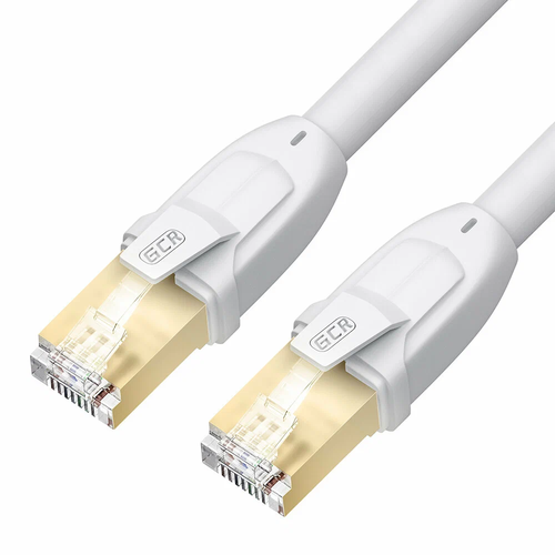 Кабель для интернета PROF LSZH S/FTP cat.8 40 Гбит/с RJ45 LAN ethernet high speed медный экранированные коннекторы контакты 24K GOLD (GCR-L306) белый 0.3м