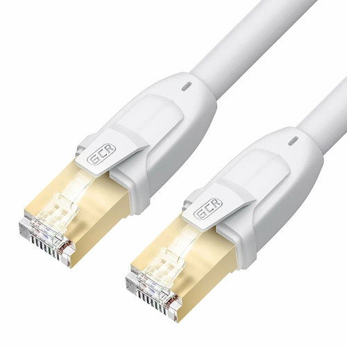 LAN Патч-корд 10м GCR PROF LSZH S/FTP cat.8 40 Гбит/с RJ45 LAN ethernet high speed компьютерный кабель для интернета медный экранированные коннекторы контакты 24K GOLD (GCR-L306) белый