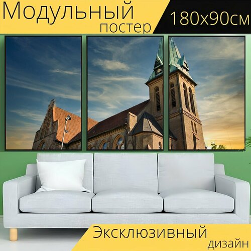 Модульный постер "Церковь, строительство, религия" 180 x 90 см. для интерьера