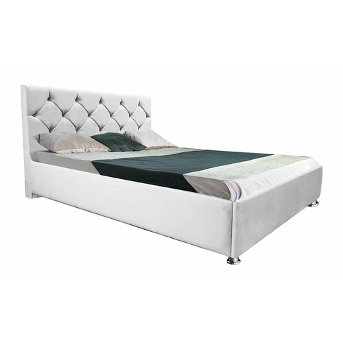 Двуспальная кровать Сирия 160x200 с подъемным механизмом и с коробом для белья велюр белый ножки 5 см