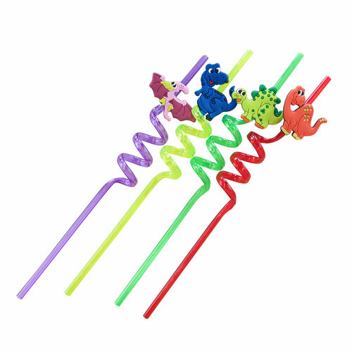 Трубочки для коктейлей (пластик), Динозаврики, Разноцветный, 4 шт. в упак.