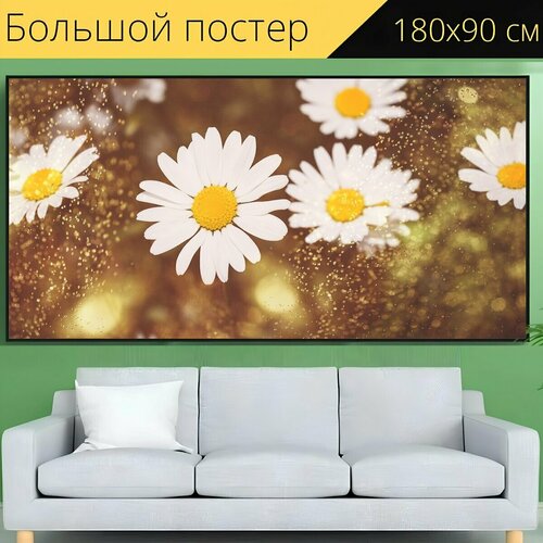 Большой постер "Ромашки, луговые цветы, белый" 180 x 90 см. для интерьера
