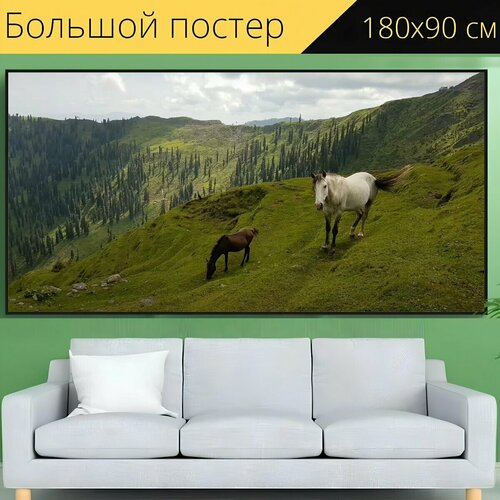 Большой постер "Лошади, животное, млекопитающее" 180 x 90 см. для интерьера