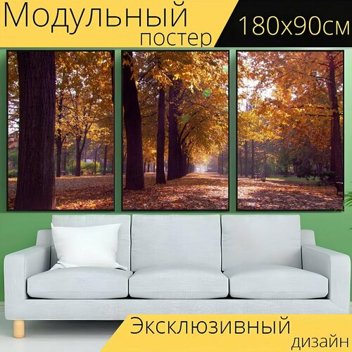 Модульный постер "Осенний лес аллея, саншайн, цветные листья" 180 x 90 см. для интерьера