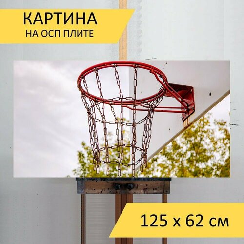 Картина на ОСП 125х62 см. "Баскетбол, корзина, мяч" горизонтальная, для интерьера, с креплениями