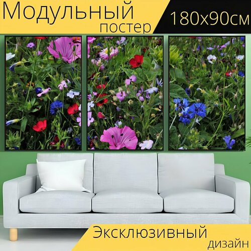 Модульный постер "Цветы, луг, сад" 180 x 90 см. для интерьера
