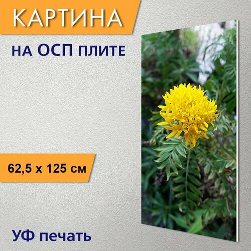 Вертикальная картина на ОСП "Цветы, желтые цветы, листья" 62x125 см. для интерьериа