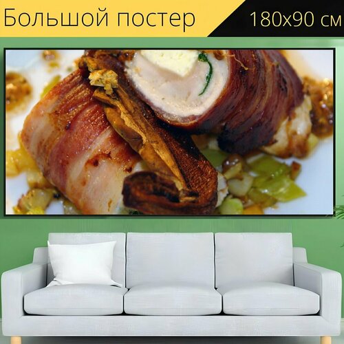 Большой постер "Рецепт блюда, курица, бекон" 180 x 90 см. для интерьера