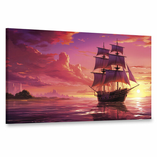 Интерьерная картина 100х60 "Корабль в розовых отблесках заката"