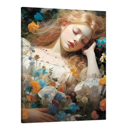 Интерьерная картина 50х70 "Девушка, уносящаяся мечтой среди цветов"
