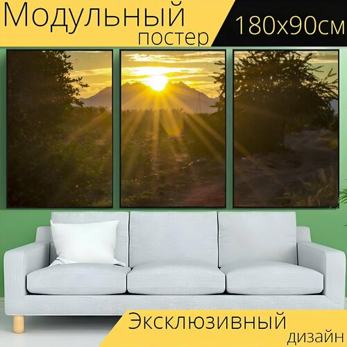 Модульный постер "Заход солнца, пейзаж, природа" 180 x 90 см. для интерьера