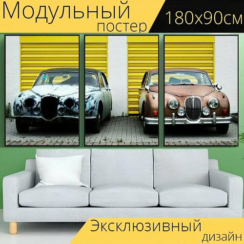 Модульный постер "Ретро автомобили, старожилы, классические автомобили" 180 x 90 см. для интерьера