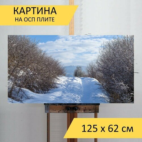 Картина на ОСП 125х62 см. "Зима, снег, фрост" горизонтальная, для интерьера, с креплениями