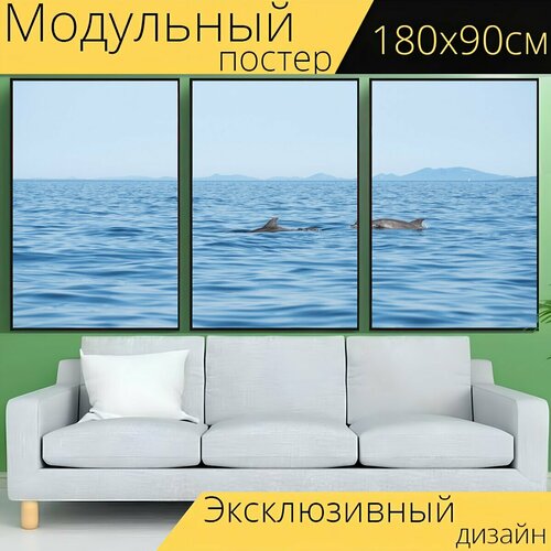 Модульный постер "Дельфины, море, океан" 180 x 90 см. для интерьера