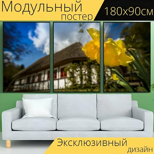 Модульный постер "Цветок, дом, небо" 180 x 90 см. для интерьера