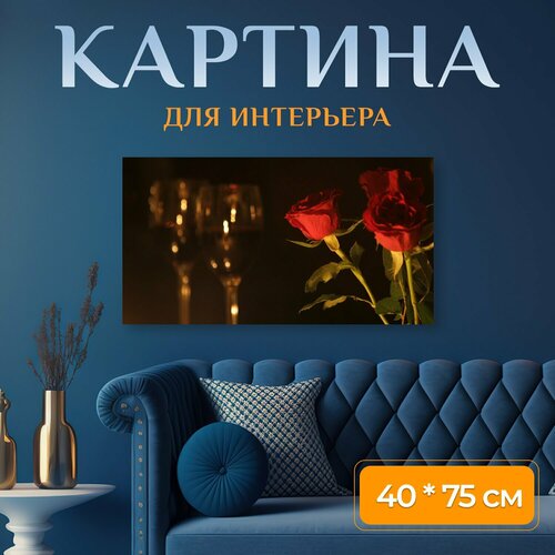 Картина на холсте "Романтический ужин, розы, валентинка" на подрамнике 75х40 см. для интерьера