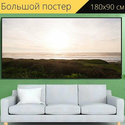 Большой постер "Морской берег, пляж, зеленый" 180 x 90 см. для интерьера