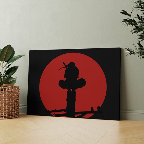 Картина на холсте (самурай на красной луны итачи столбе солнца) 80x100 см/для интерьера/в комнату/на стену/в подарок