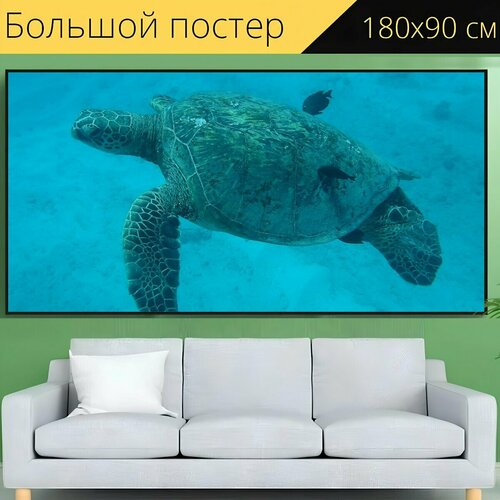 Большой постер "Морская черепаха, подводный, океан" 180 x 90 см. для интерьера