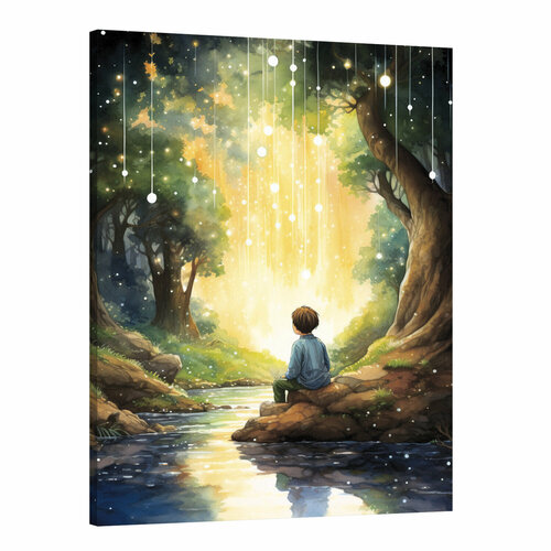 Интерьерная картина 50х70 "Мальчик и его мир фантазий: картина для мечтателей"