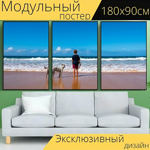 Модульный постер "Мальчик, пляж, собака" 180 x 90 см. для интерьера