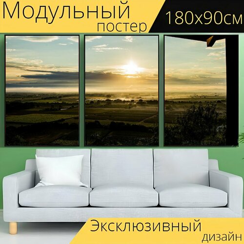 Модульный постер "Заход солнца, рай, пейзаж" 180 x 90 см. для интерьера