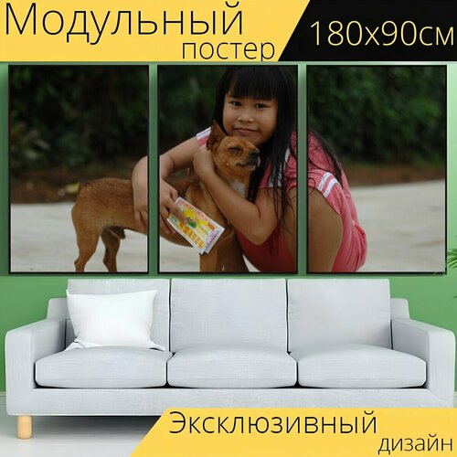 Модульный постер "Собака, девочка, женский пол" 180 x 90 см. для интерьера