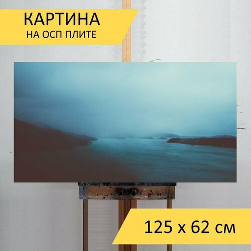 Картина на ОСП 125х62 см. "Природа, синий, острова" горизонтальная, для интерьера, с креплениями