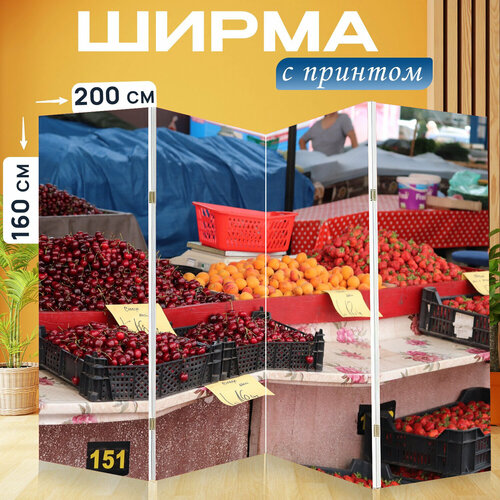 Ширма перегородка с принтом "Овощной рынок, фруктовый рынок, рынок" на холсте - 200x160 см. для зонирования, раскладная