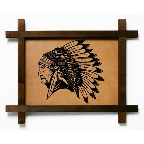 Картина Вождь индейцев, гравировка на натуральной коже, интерьерная для украшения и декора на стену в деревянной раме, подарок, BoomGift