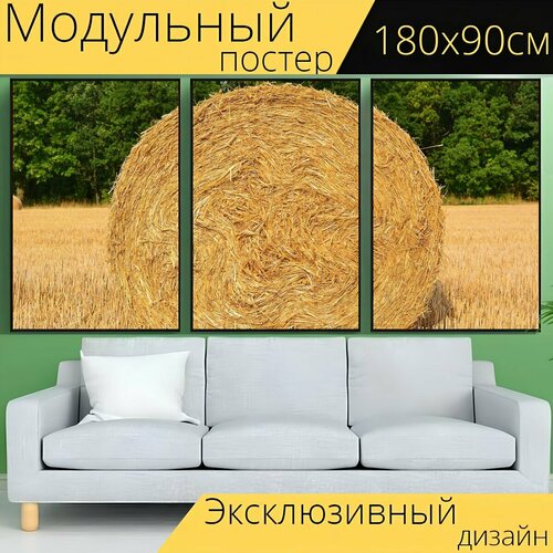 Модульный постер "Уборка урожая, тюки соломы, сельское хозяйство" 180 x 90 см. для интерьера