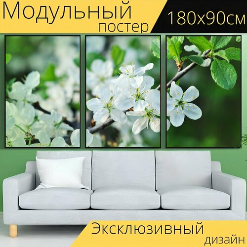 Модульный постер "Весна, вишня, цветы" 180 x 90 см. для интерьера