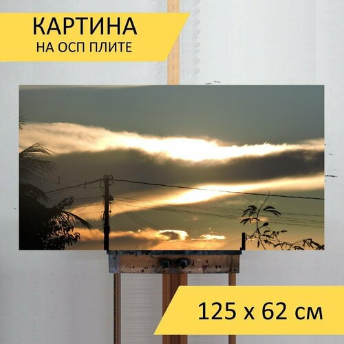 Картина на ОСП 125х62 см. "Заход солнца, небо, вода" горизонтальная, для интерьера, с креплениями