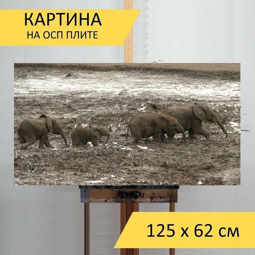 Картина на ОСП 125х62 см. "Африка, слоны, сафари" горизонтальная, для интерьера, с креплениями