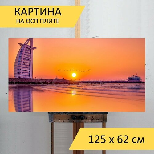 Картина на ОСП 125х62 см. "Море, заход солнца, романтичный" горизонтальная, для интерьера, с креплениями