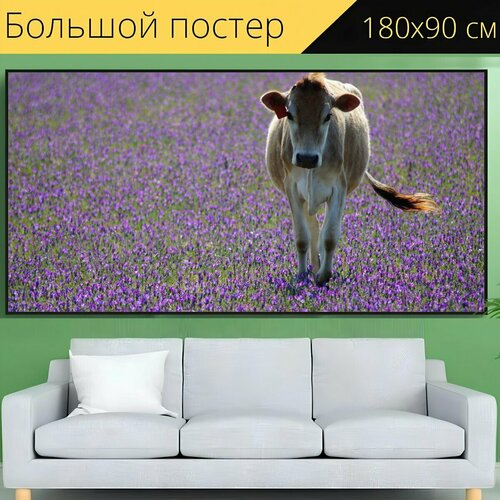 Большой постер "Корова, цветок, пастбище" 180 x 90 см. для интерьера
